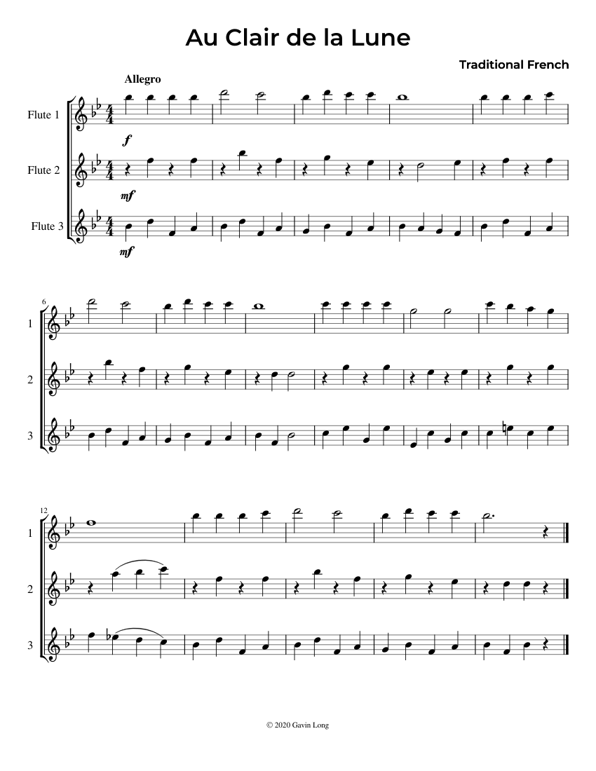 Au Clair de la Lune Woodwind Trio: Flute Sheet Music for Flute ...