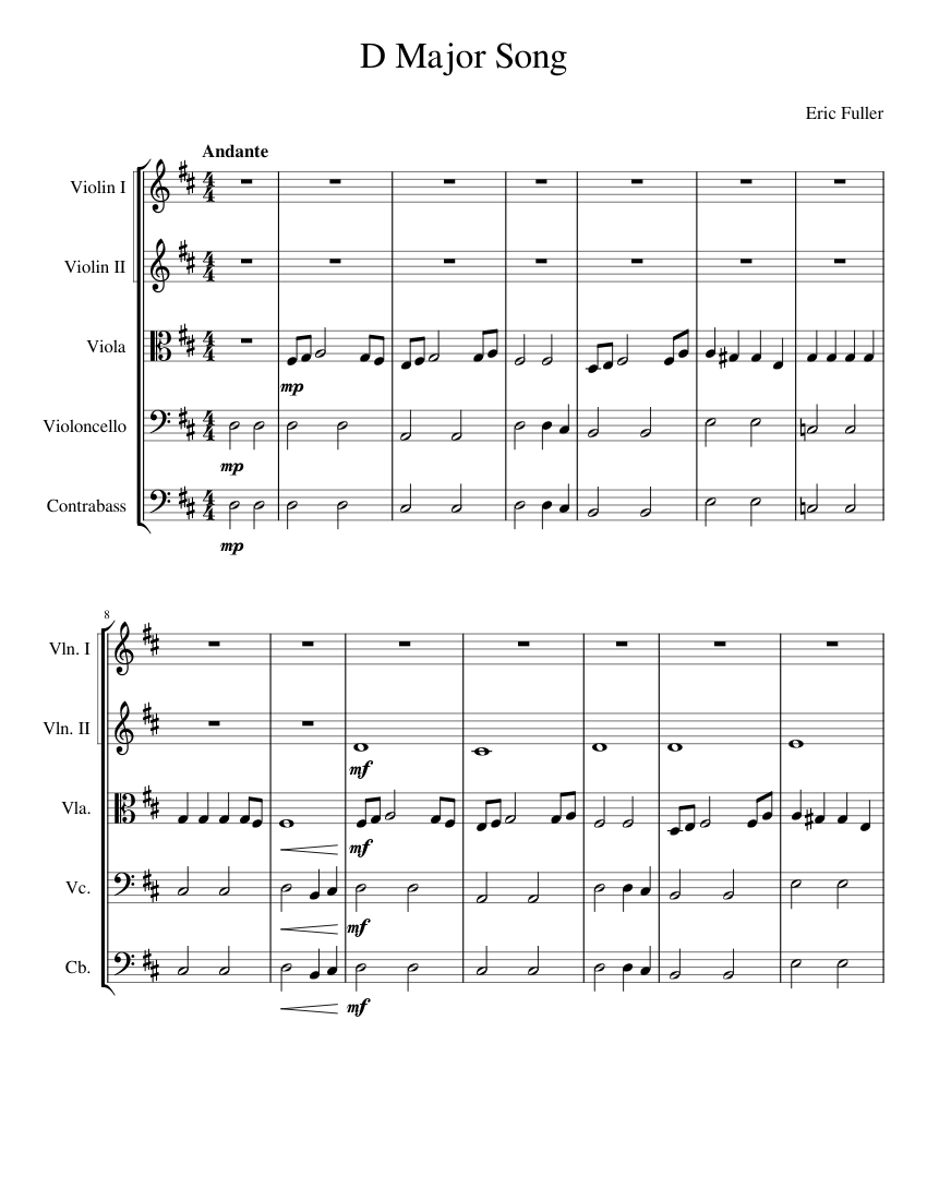 D Major Song Sheet music for Contrabass, Violin, Viola, Cello (String ...