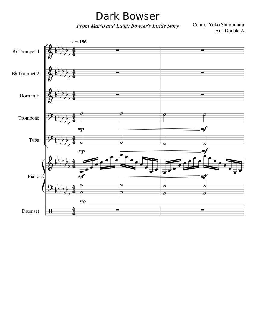 Dark Bowser- For Brass Quintet + Piano & Drums - piano tutorial