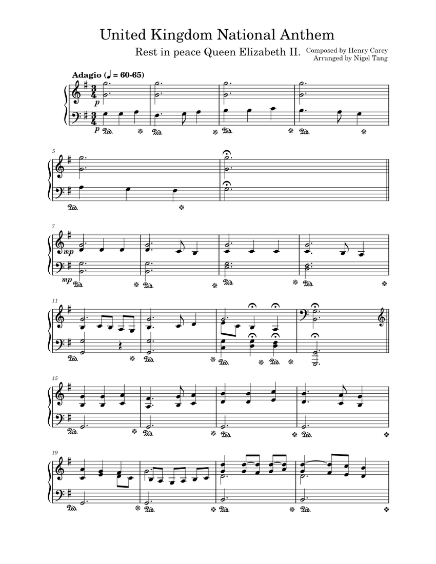God Save The Queen/King (UK National Anthem) Sheet Music for Piano ...