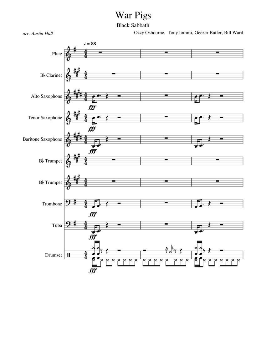 War Pigs Sheet Music for Trombone, Tuba, Flute, Clarinet in b-flat ...