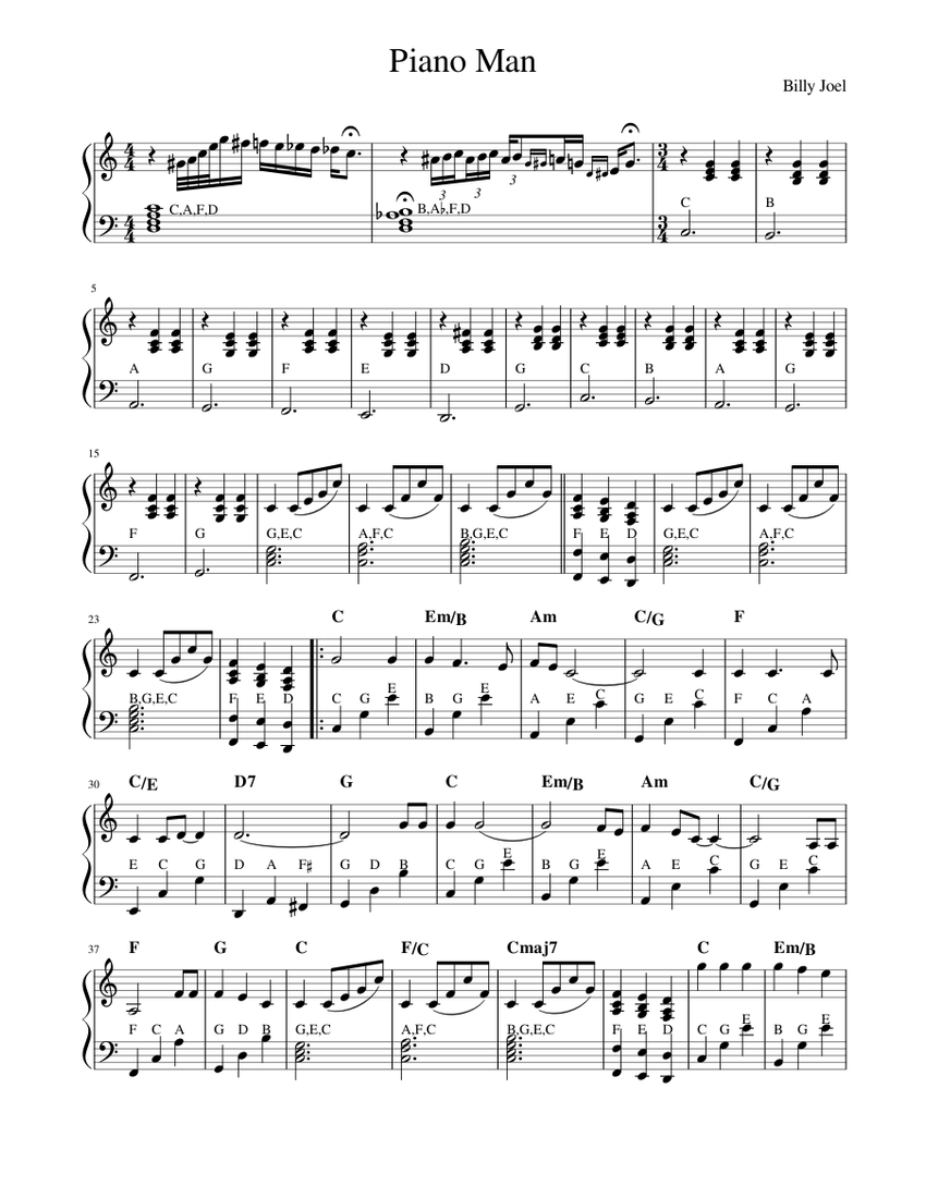 Piano Man (Billy Joel) Sheet Music with Chords for Piano (Solo) easy ...
