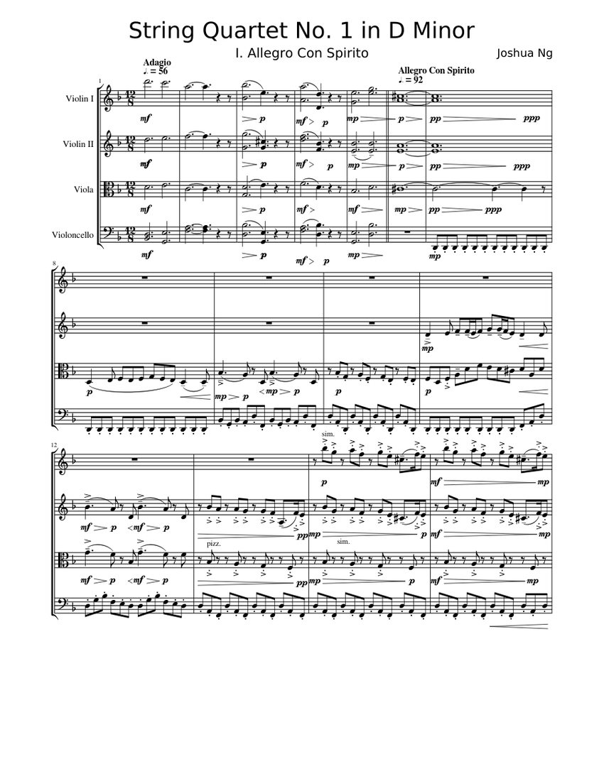 String Quartet No. 1 in D Minor Mvt 1 Sheet music for Violin, Viola, Cello (String Quartet ...