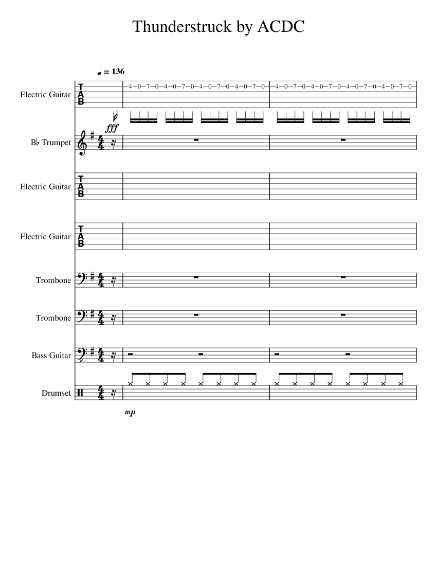 Thunderstruck Sheet Music and Tab for Trombone, Trumpet in b-flat ...