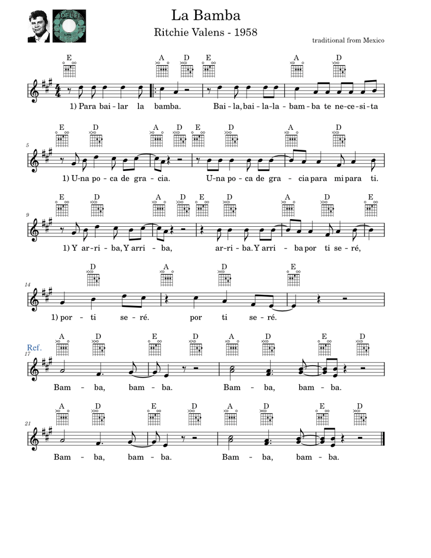 La bamba – Ritchie Valens Sheet Music with Chords for Vocals, Violin ...