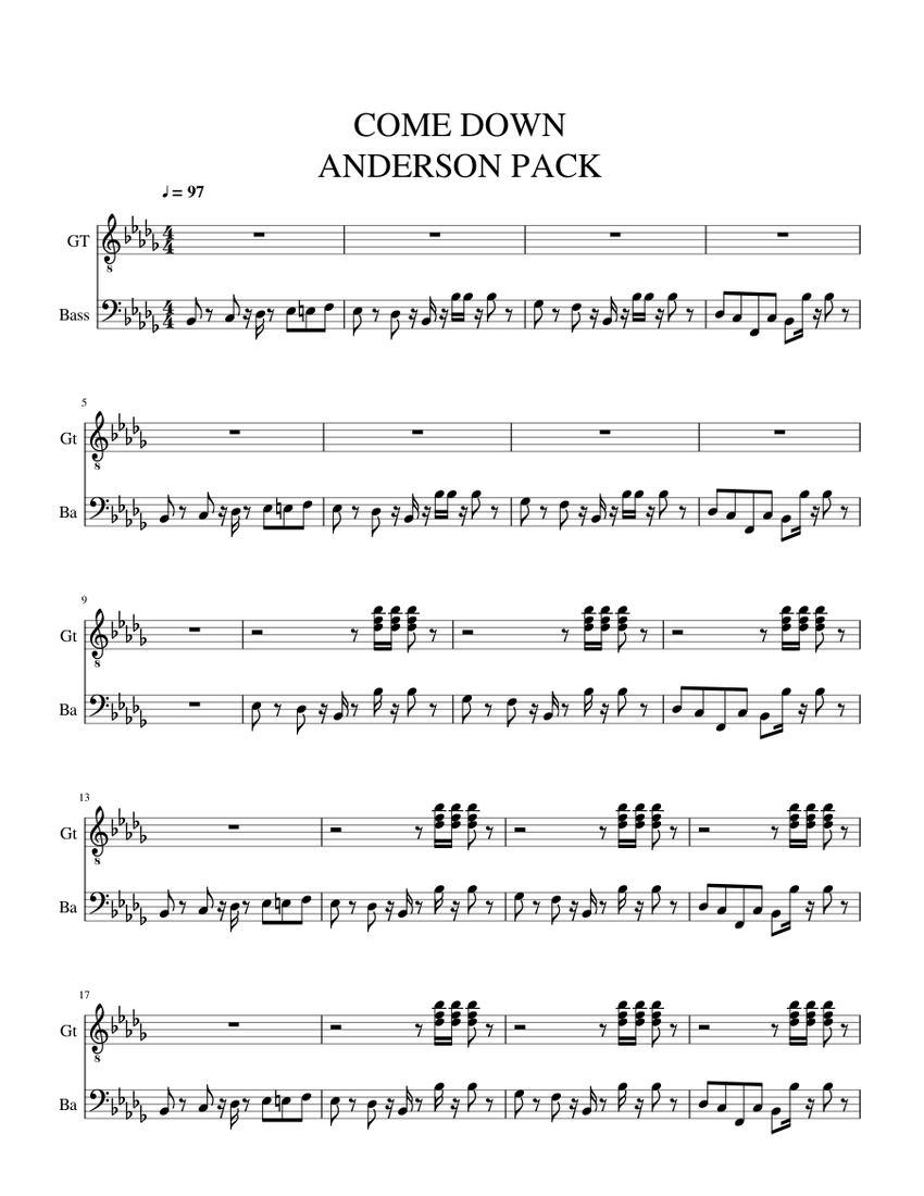 COME DOWN ANDERSON PACK Sheet music for Bass guitar (Solo) | Musescore.com