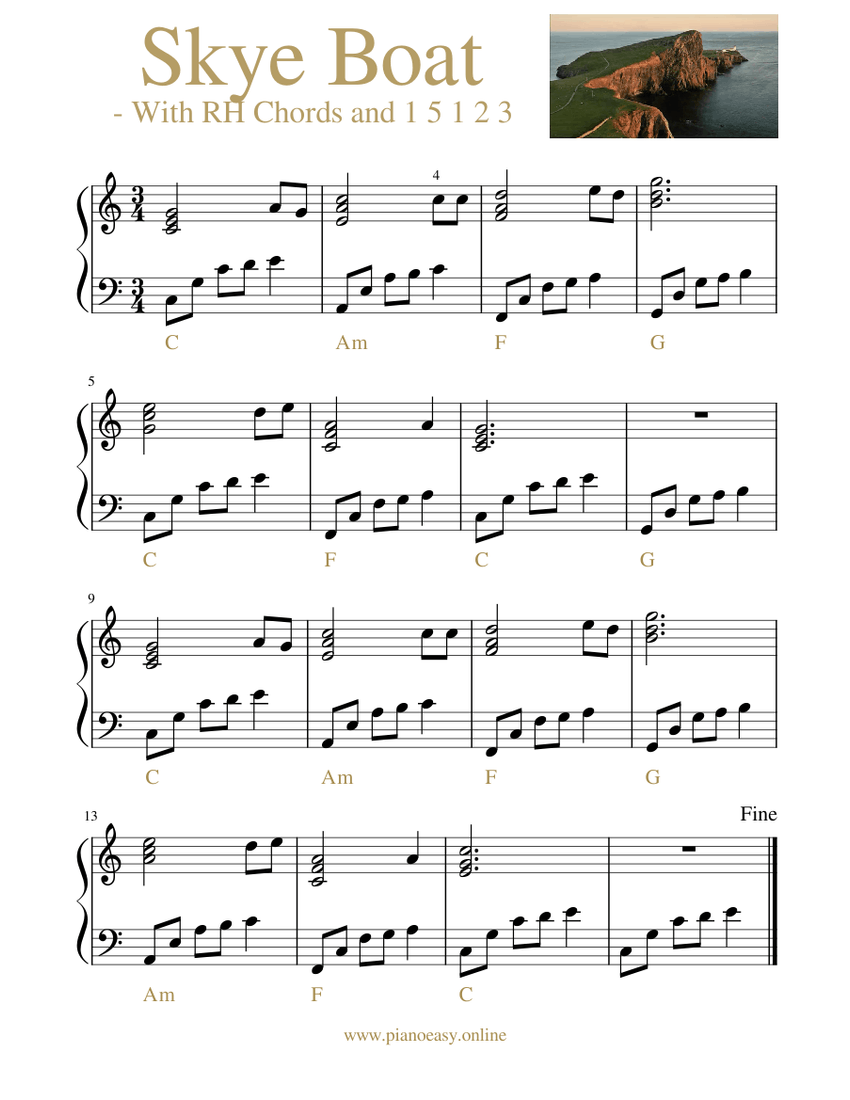 Skye Boat with RH Chords and LH 1 5 1 2 3 Sheet Music for Piano (Solo ...