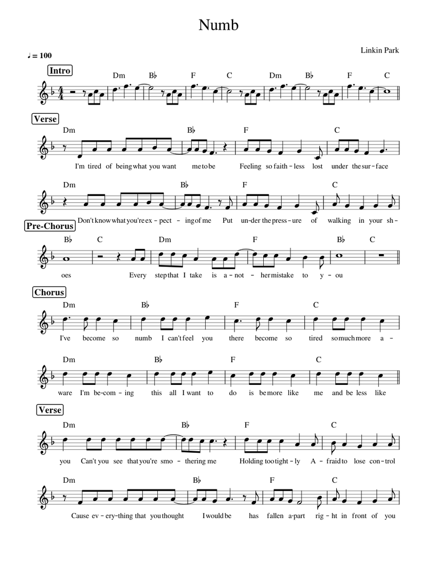 Numb (Linkin Park) Sheet Music with Chords for Piano (Solo) easy ...