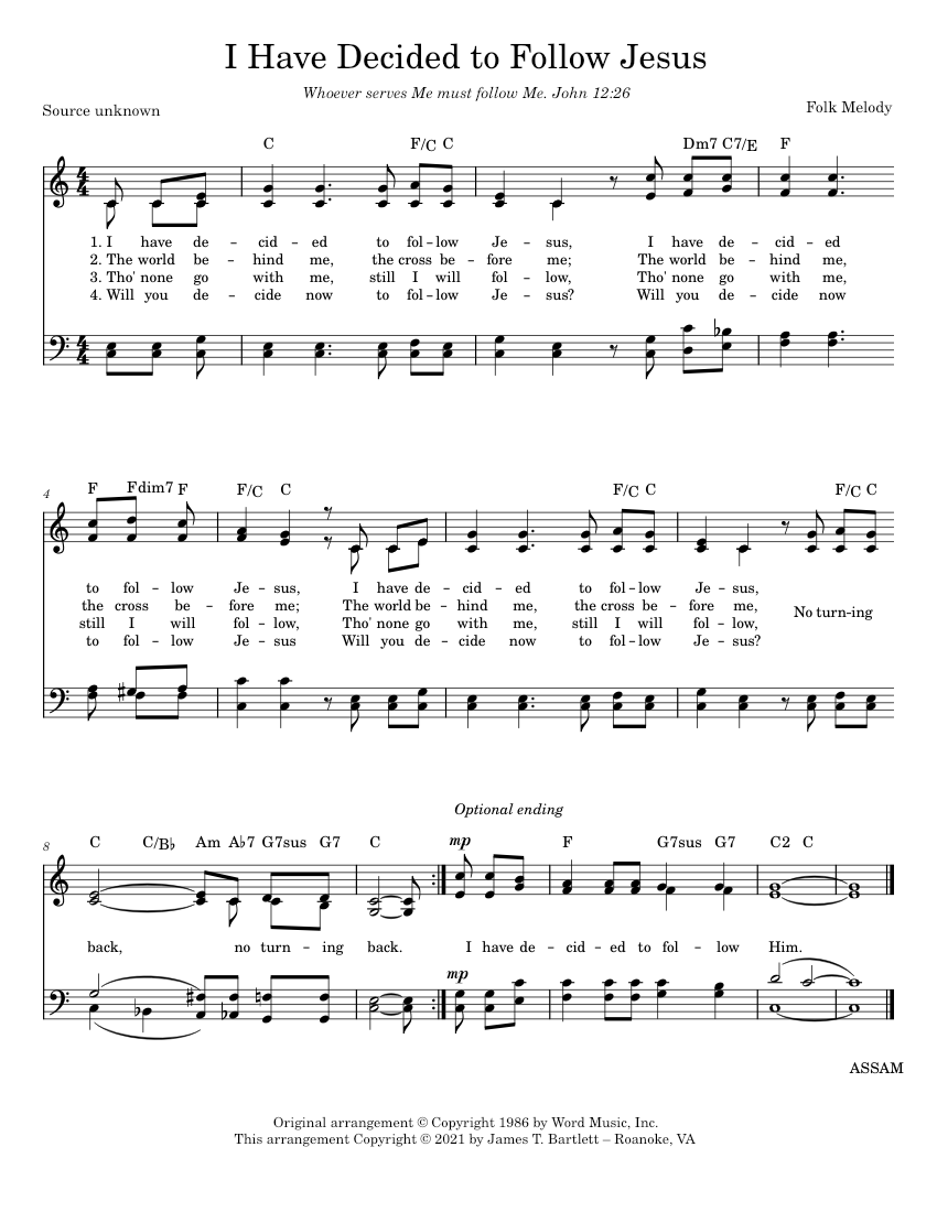 I Have Decided to Follow Jesus Sheet Music with Chords for Piano (Solo ...