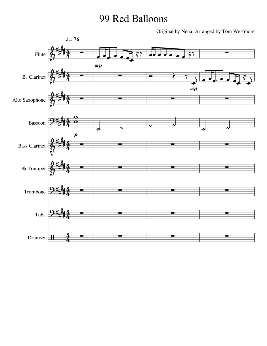 99 Red Balloons Sheet Music for Trombone, Tuba, Flute, Clarinet in b ...