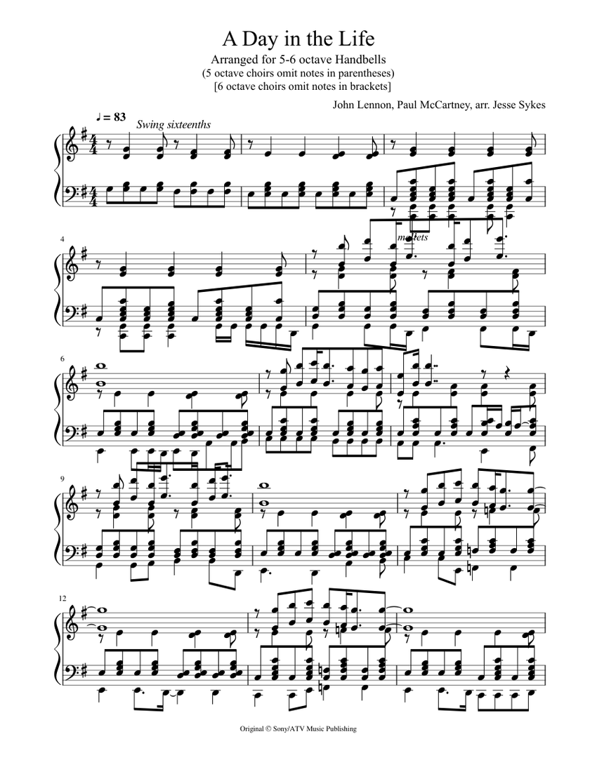 A Day in the Life - Handbells Sheet Music for Handbells (Percussion ...