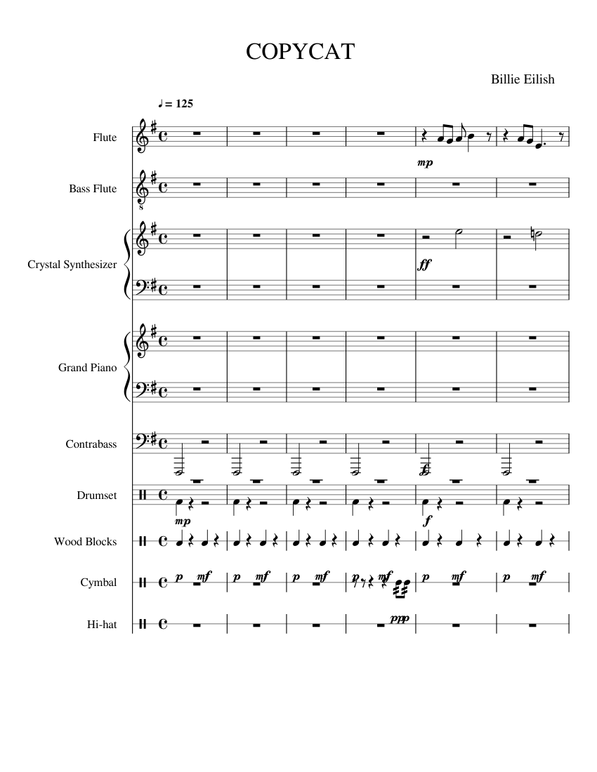 COPYCAT - Billie Eilish Sheet Music for Piano, Flute, Contrabass, Crash ...