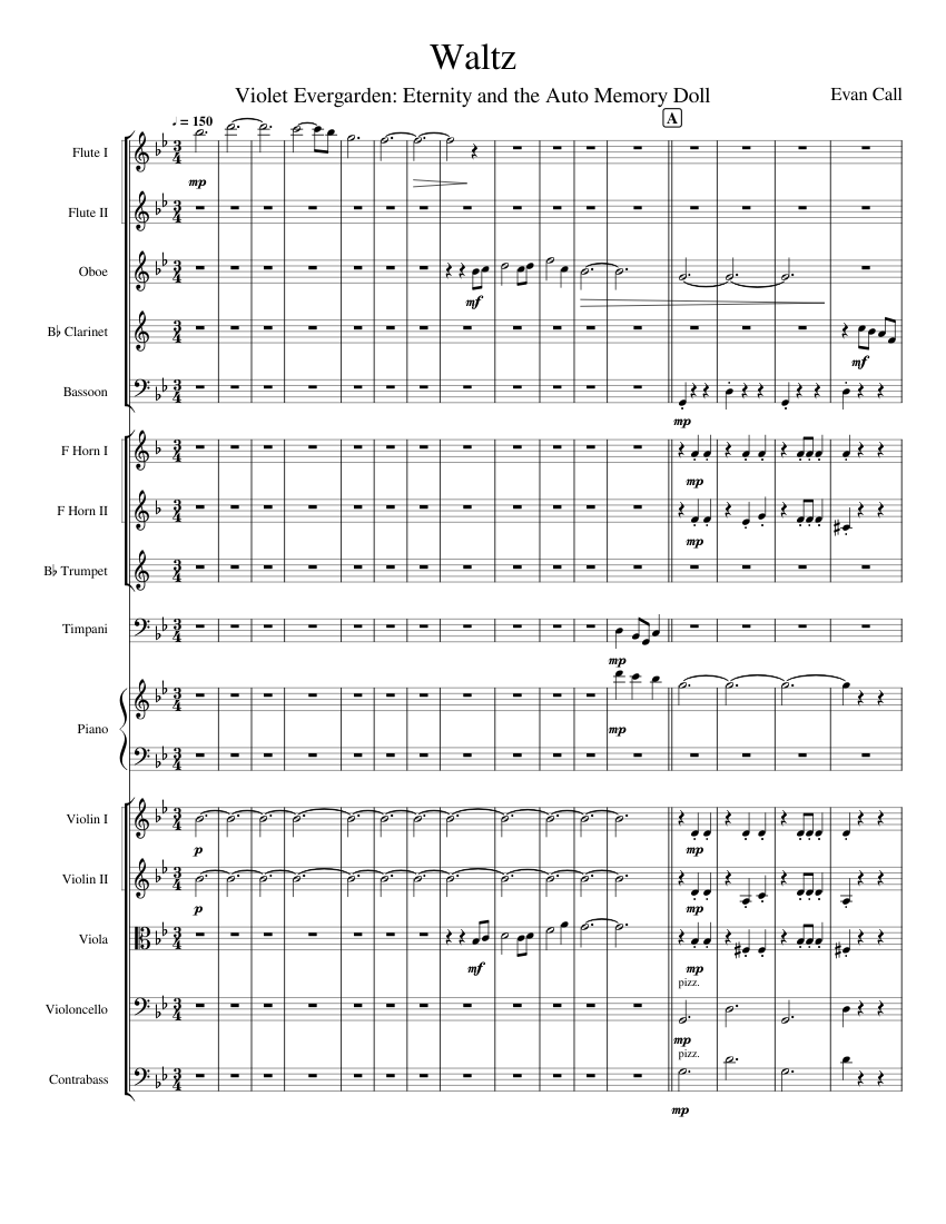 Violet Evergarden Waltz Sheet Music for Piano, Flute, Oboe, Clarinet in ...
