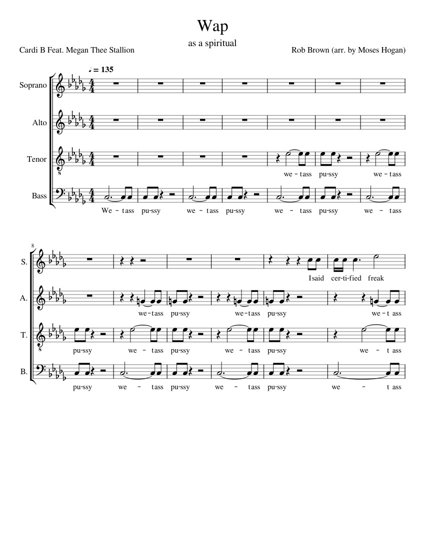 Wap Sheet Music for Soprano, Alto, Tenor, Bass voice (A Capella ...
