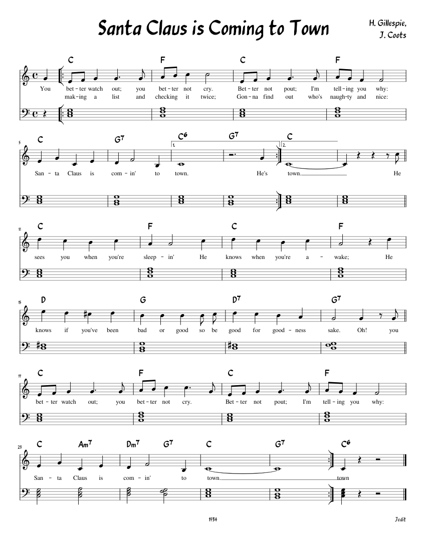 Santa Claus Is Coming To Town Sheet Music and Tab with Chords for Piano ...