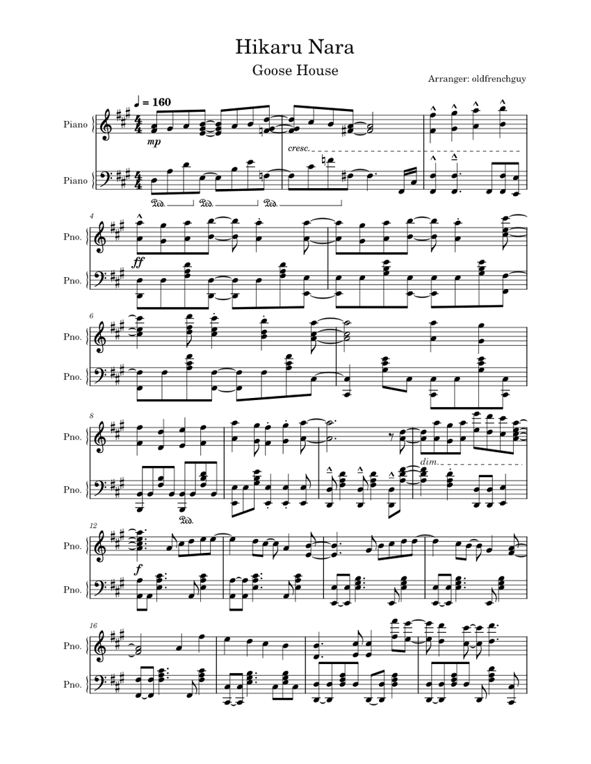 Hikaru Nara – Goose House | Full Sheet Music for Piano (Solo ...
