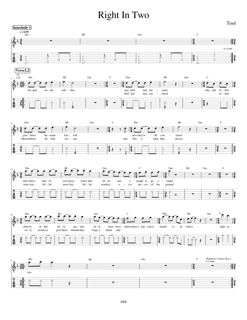Right In Two - Tool Sheet Music and Tab with Chords for Guitar (Solo) | MuseScore.com