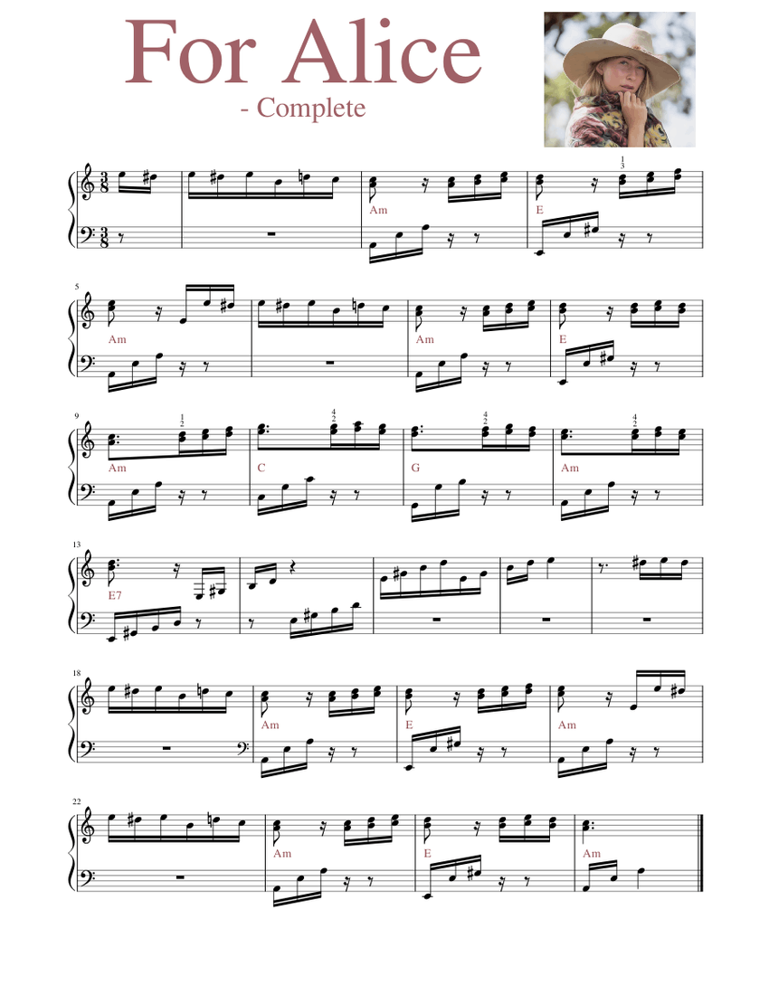 For Alice - Complete Sheet Music with Chords for Piano (Solo) easy ...