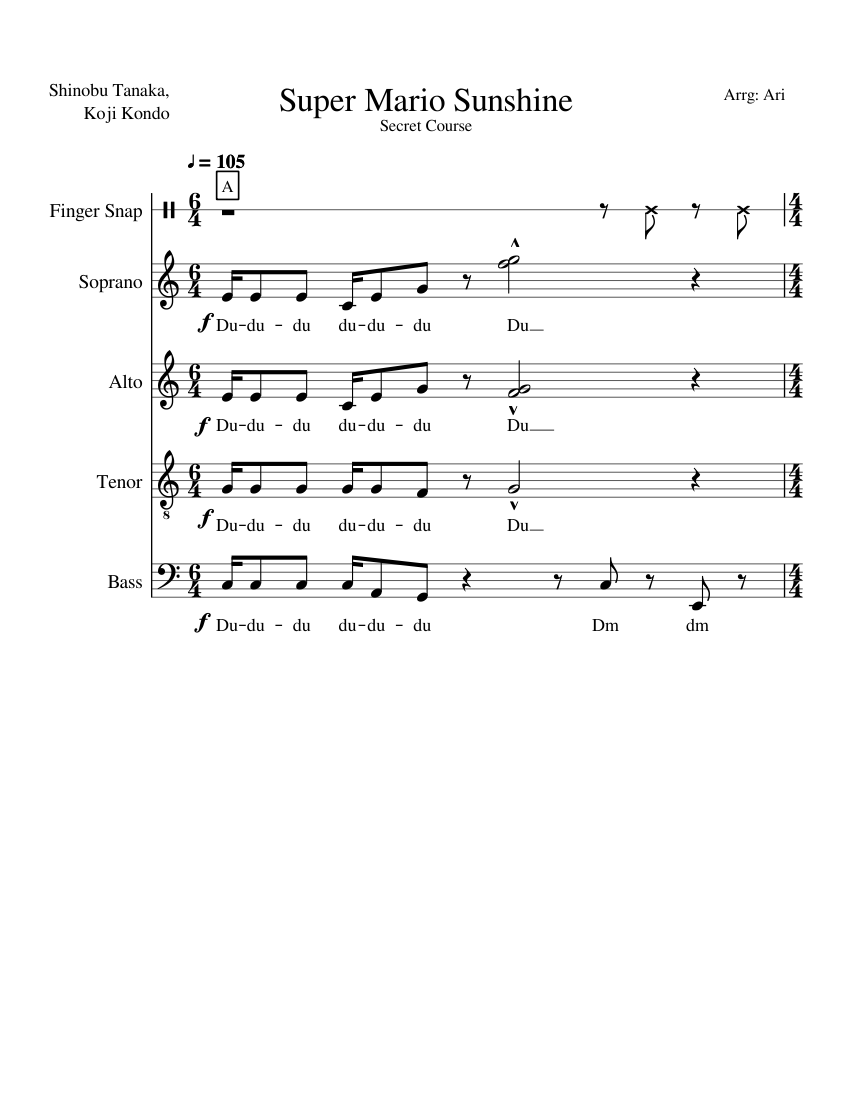 Super Mario Sunshine- Secret Course Sheet music for Piano, Snap (SATB ...