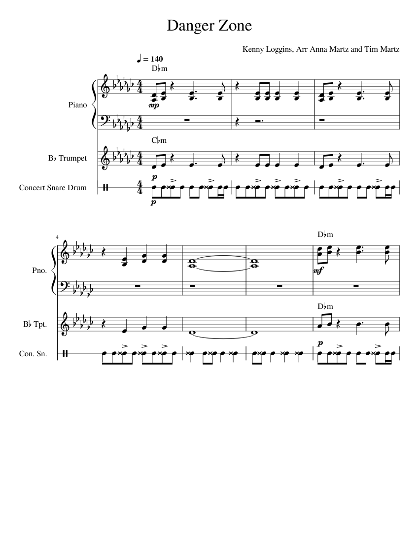 Danger_Zone Sheet music for Piano, Trumpet in b-flat, Snare drum (Mixed ...