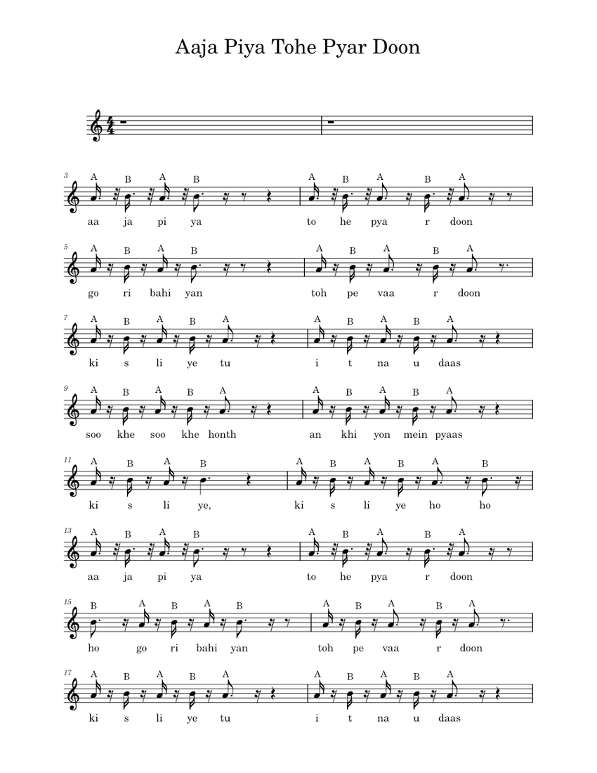 Aaja Piya Tohe Pyar Doon – Lata Mangeshkar Sheet music for Piano (Solo ...