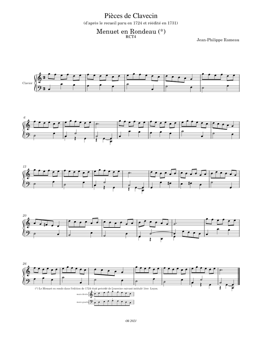 Rameau, Jean-Philippe - Menuet en Rondeau, RCT 4 Sheet Music for Piano ...
