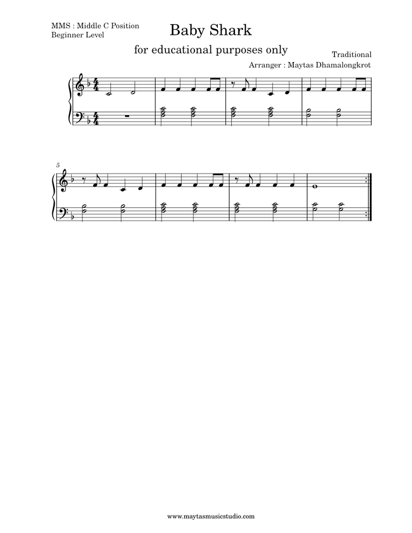 Baby Shark [EASY] / Traditional / Maytas Dhamalongkrot Sheet music for ...