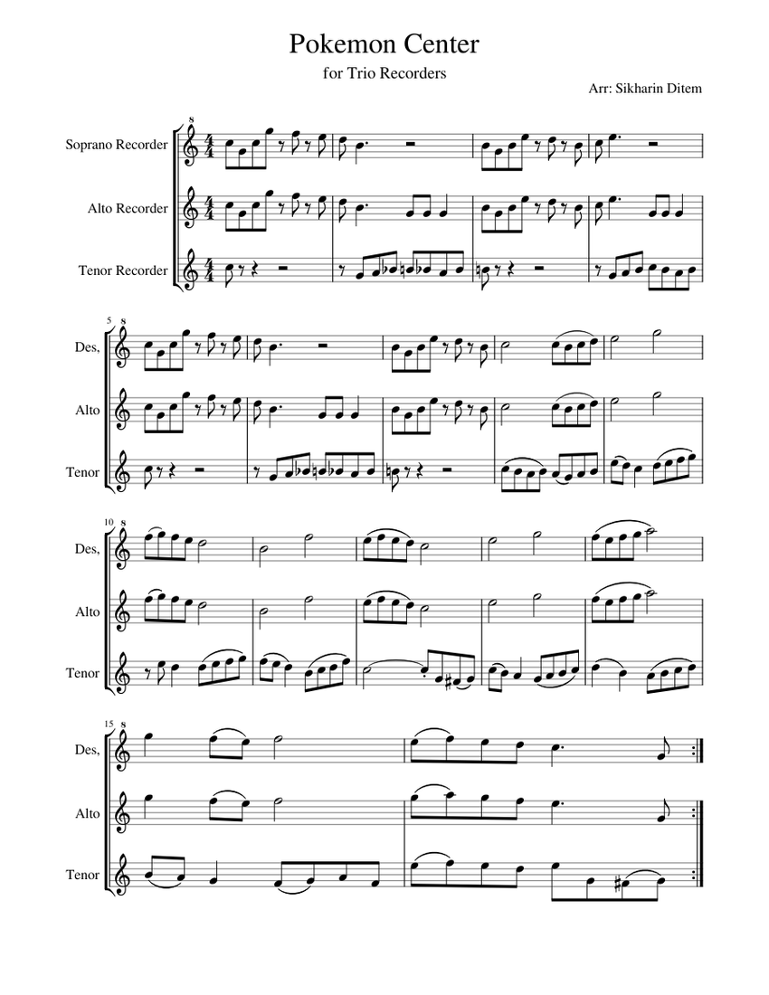 Pokémon Center Theme Sheet Music for Recorder (Woodwind Trio ...