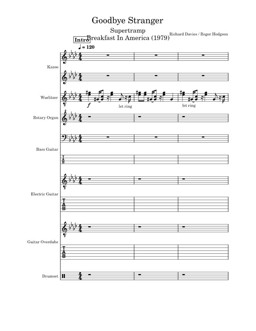 Supertramp - Goodbye Stranger Sheet Music and Tab for Piano, Organ ...