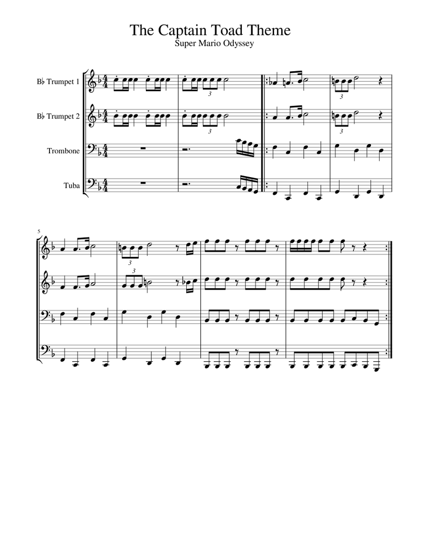 The Captain Toad Theme Sheet Music for Trombone, Tuba, Trumpet in b ...