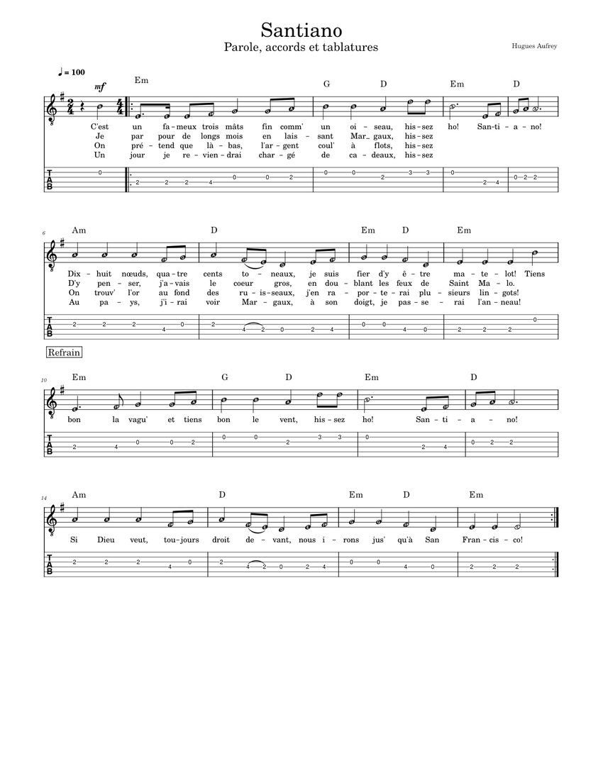 Santiano, paroles, accords et tablatures – Hugues Aufrey Sheet Music ...