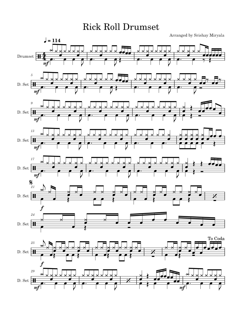 Rick Roll Drumset Sheet music for Drum group (Jazz Band) | Musescore.com
