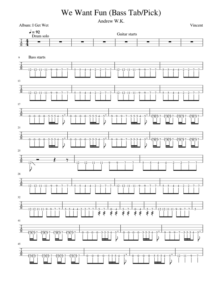 Andrew W.K. - We Want Fun (Bass Tab) Sheet music for Bass guitar (Solo ...