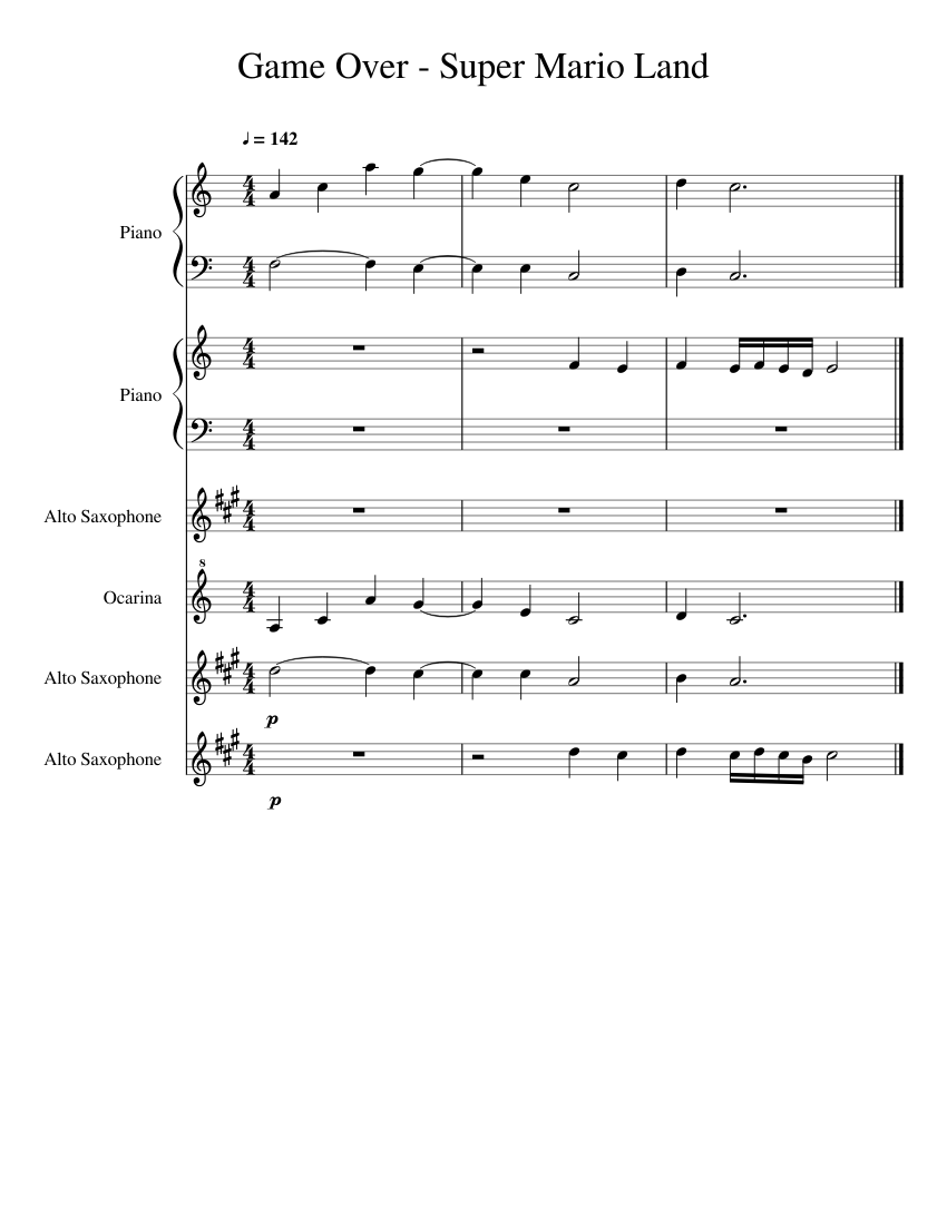 Game Over - Super Mario Land Sheet Music for Piano, Saxophone alto ...