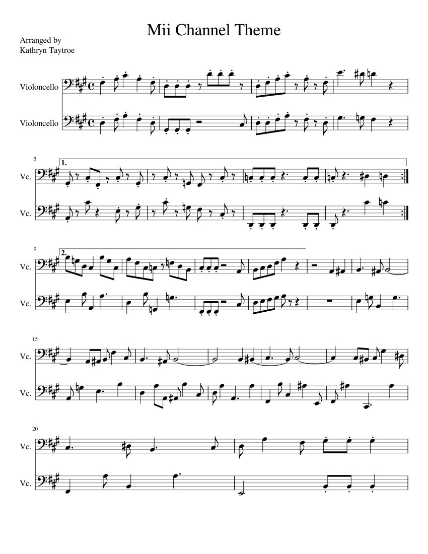 Mii Channel Theme Sheet Music for Cello (String Duet) | MuseScore.com