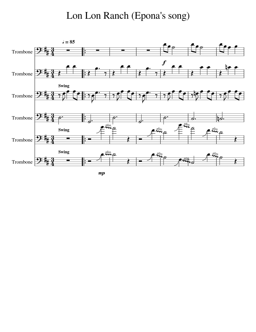 Lon Lon Ranch (Epona's song) Sheet Music for Trombone (Brass Ensemble ...