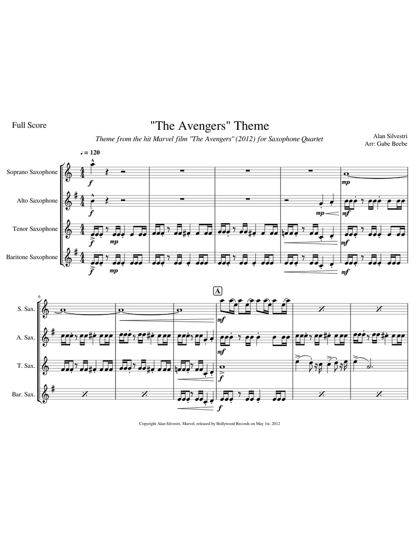 "The Avengers" Theme for Sax Quartet Arr: Gabe Beebe Sheet Music for ...