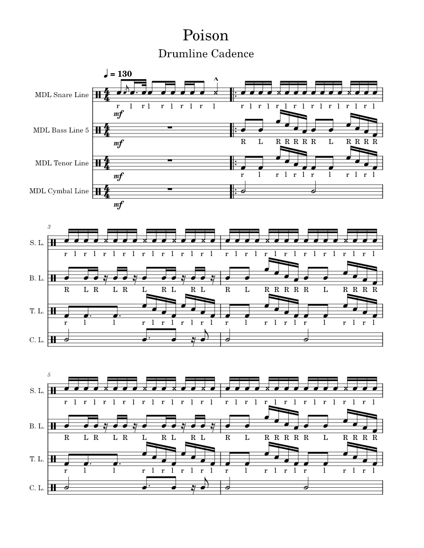 Poison Cadence Sheet Music for Snare drum, Crash, Tenor drum, Bass drum ...