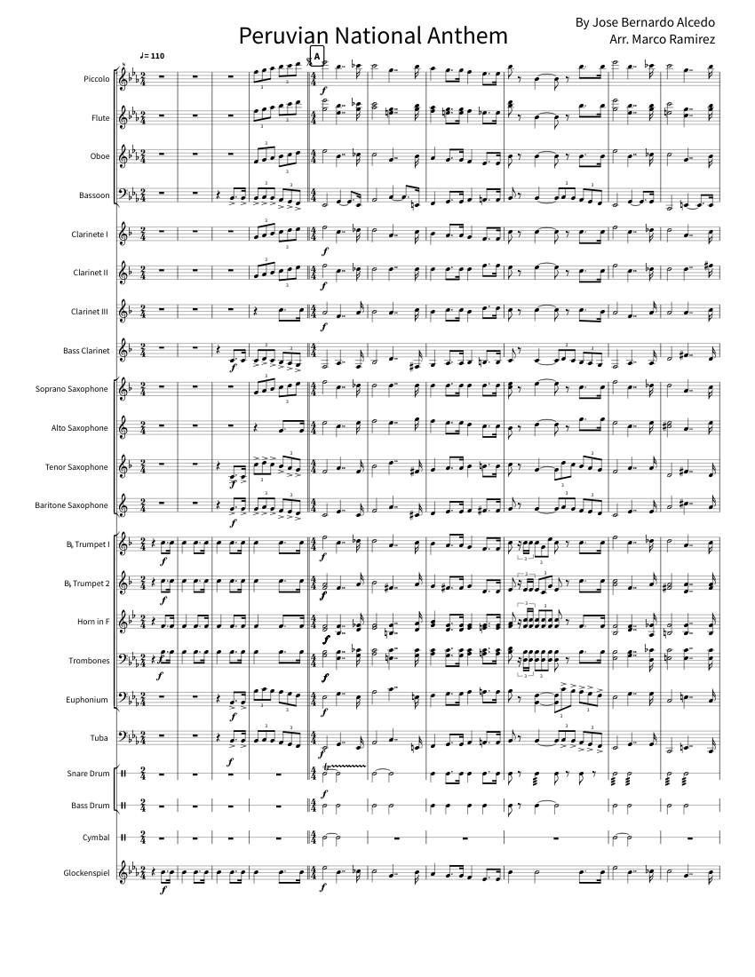 Peruvian National Anthem Sheet Music for Tuba, Flute, Oboe, Bassoon ...