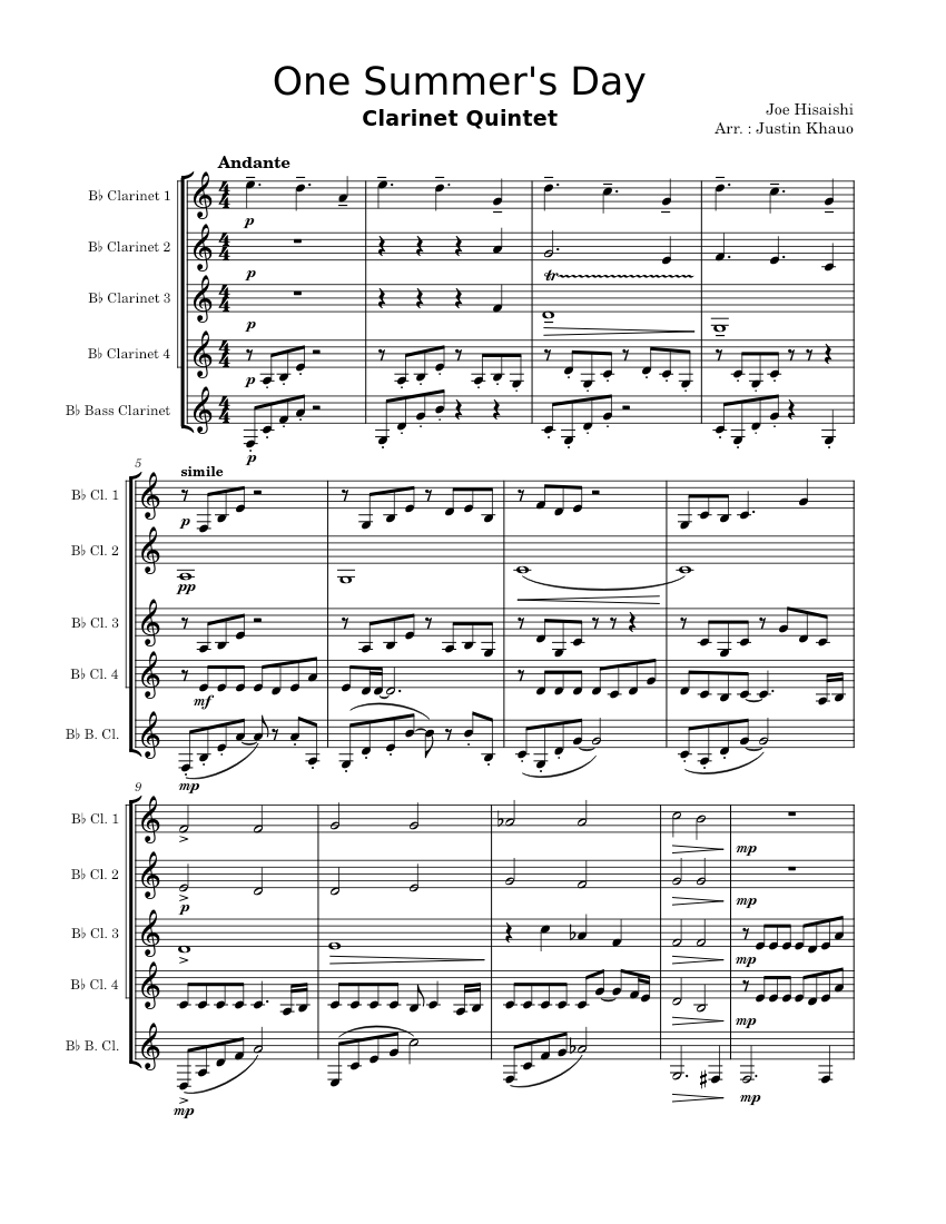 One Summer's Day Clarinet Quintet Sheet Music for Clarinet in b-flat ...