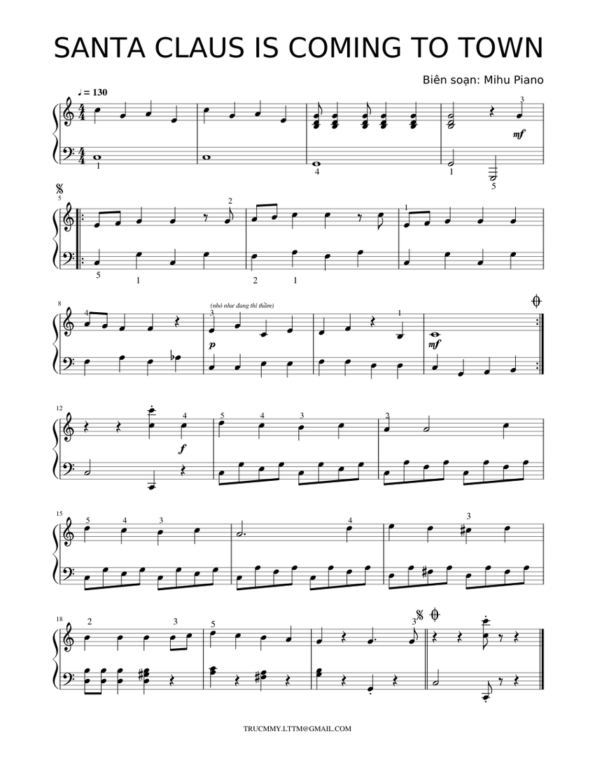 Santa Claus is coming to town - Solo Easy Sheet Music for Piano (Solo ...