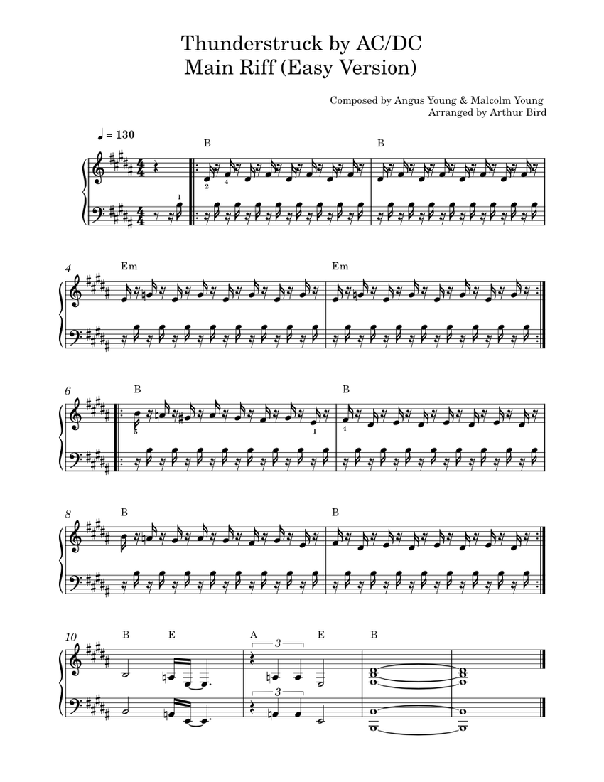 Thunderstruck – AC/DC - Easy Piano Version Sheet Music with Chords for Piano (Solo) | MuseScore.com