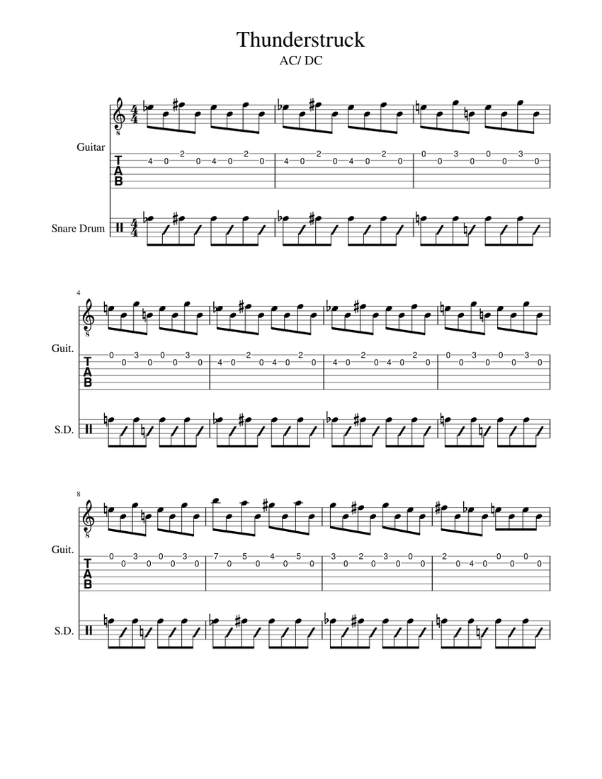 AC/DC-Thunderstruck Sheet Music and Tab for Snare drum, Guitar, Drum ...