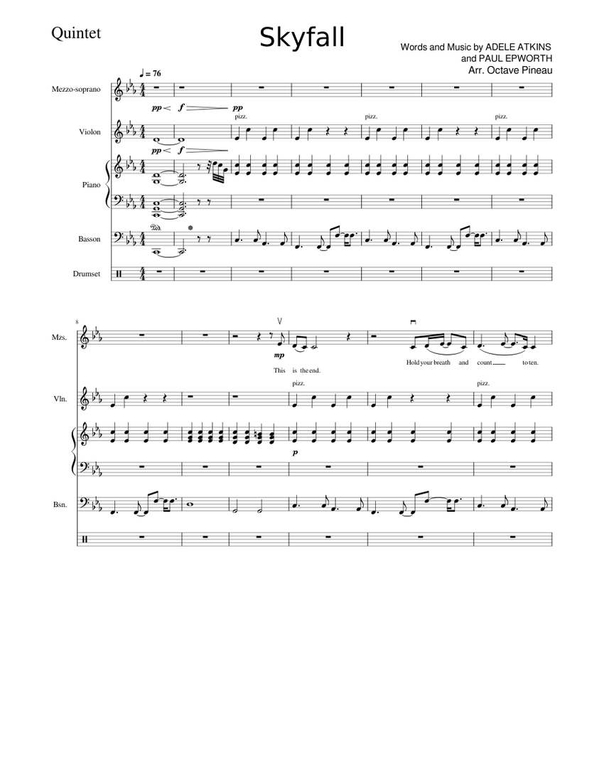 Skyfall – Adele Sheet Music for Piano, Mezzo soprano, Bassoon, Violin ...