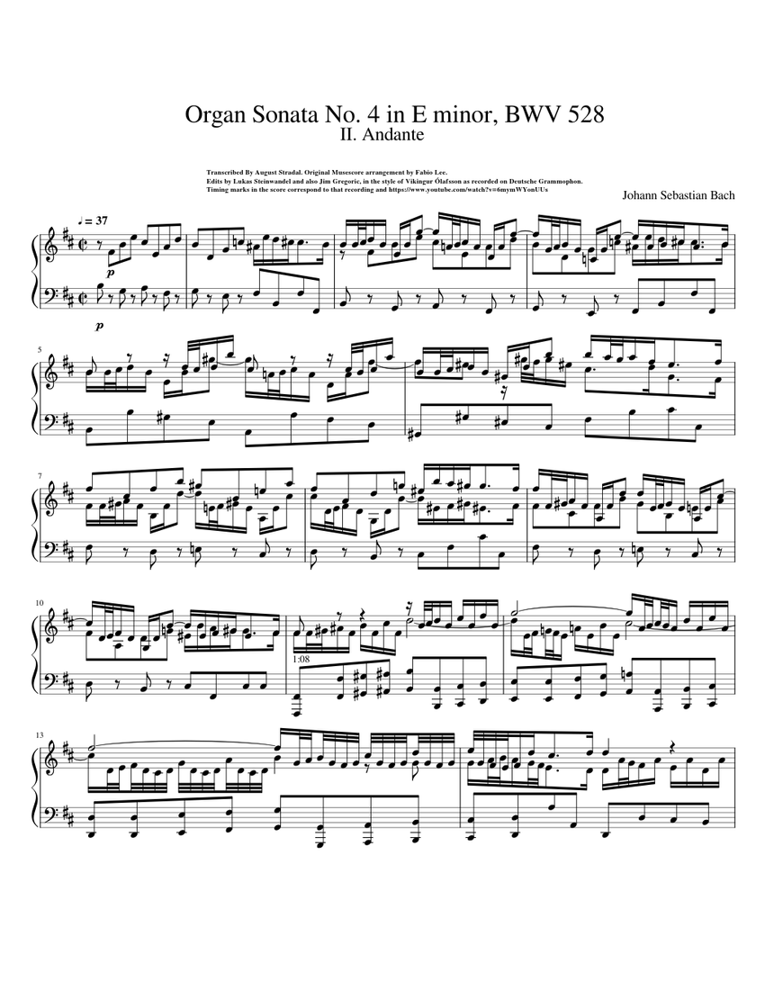 Bach Organ Sonata No. 4 in E minor, BWV 528, Andante, for Piano Sheet ...