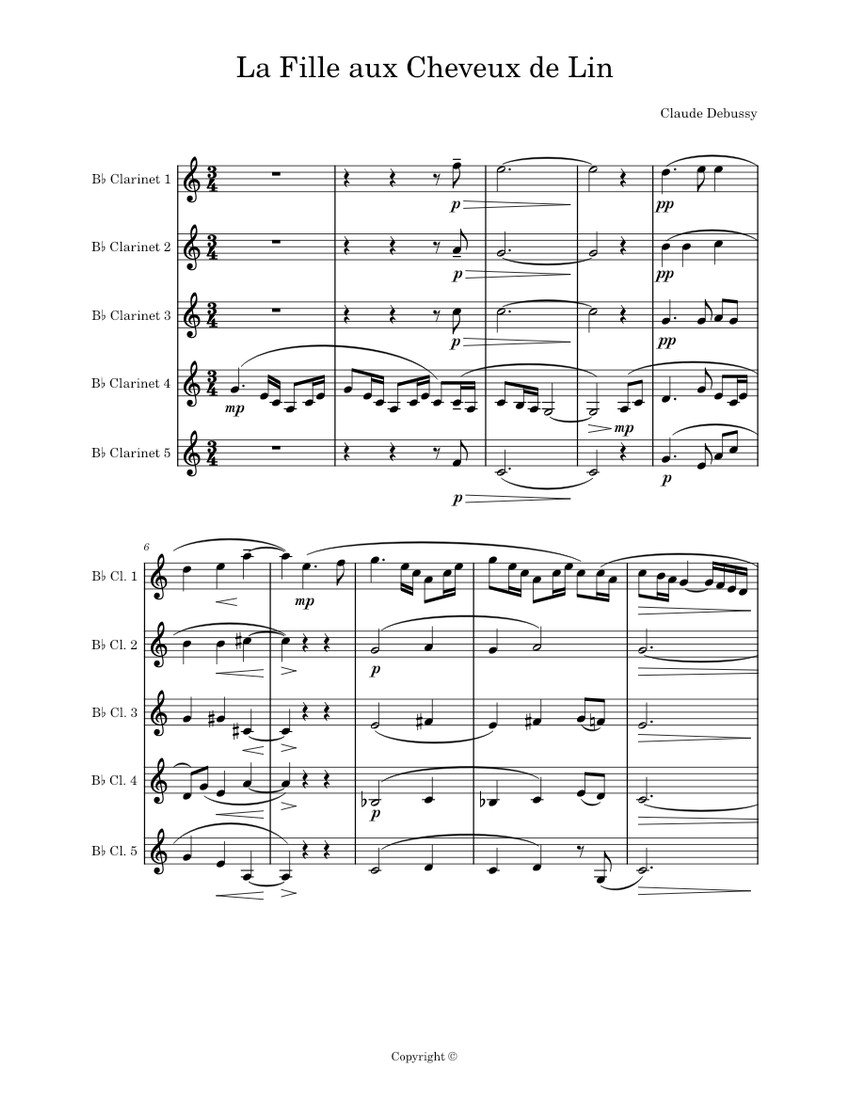 La fille aux cheveux de lin – Claude Debussy Sheet Music for Clarinet ...