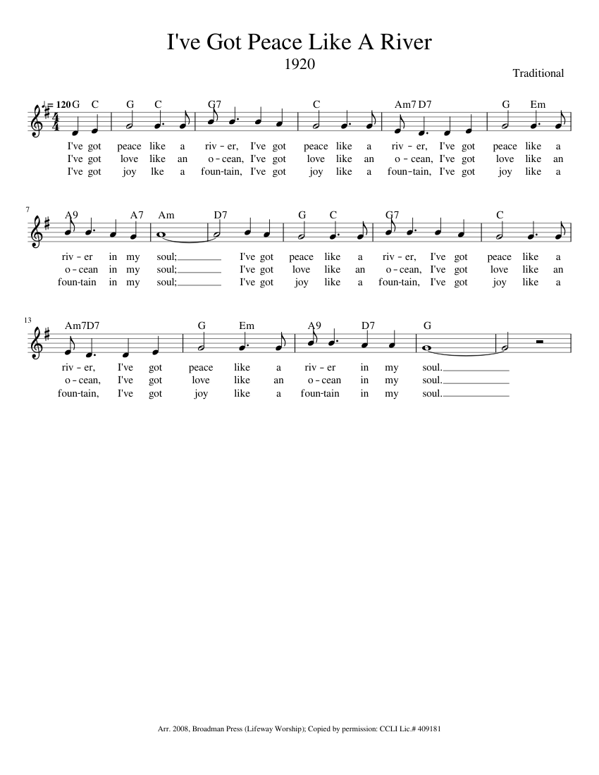 I've Got Peace Like A River Sheet Music with Chords for Piano (Solo ...