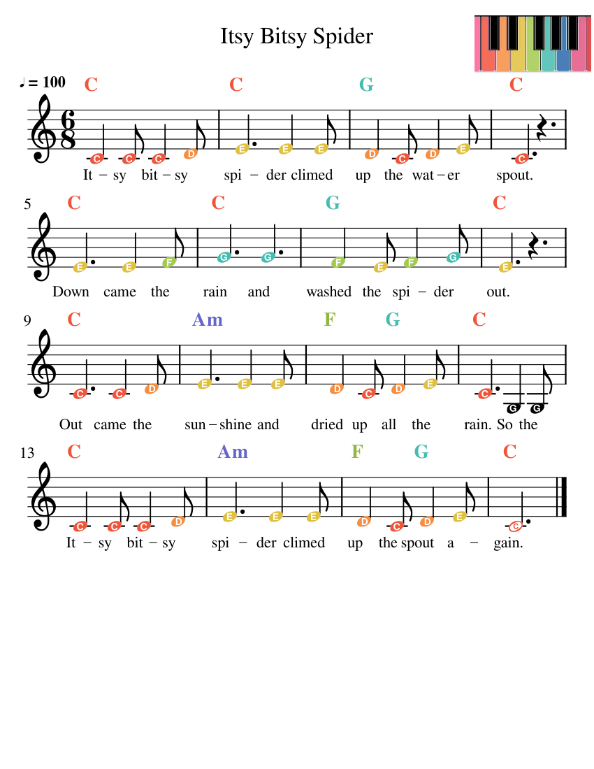 Itsy Bitsy Spider (Color) Sheet Music with Chords for Piano (Solo) Easy ...