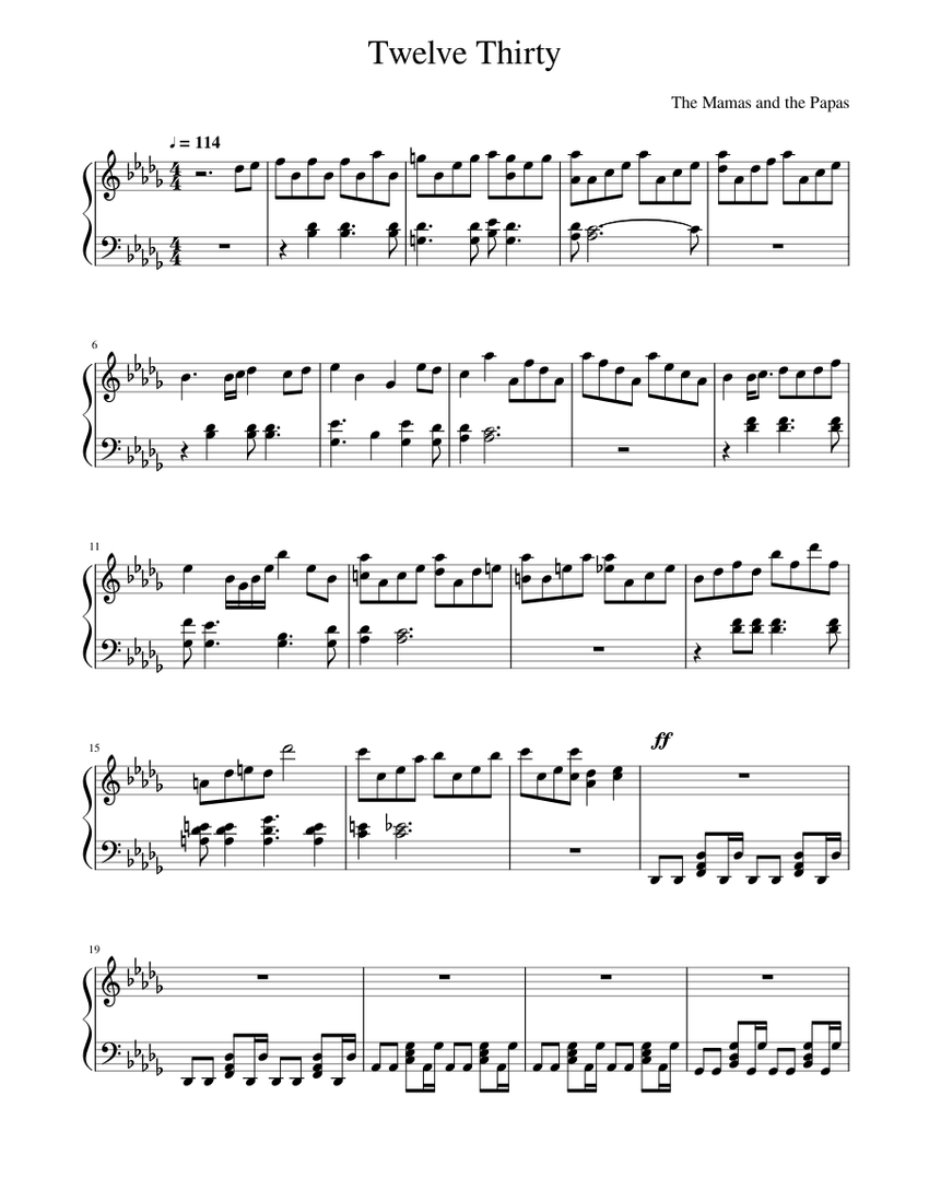 Twelve Thirty - The Mamas and the Papas Sheet Music for Piano (Solo ...