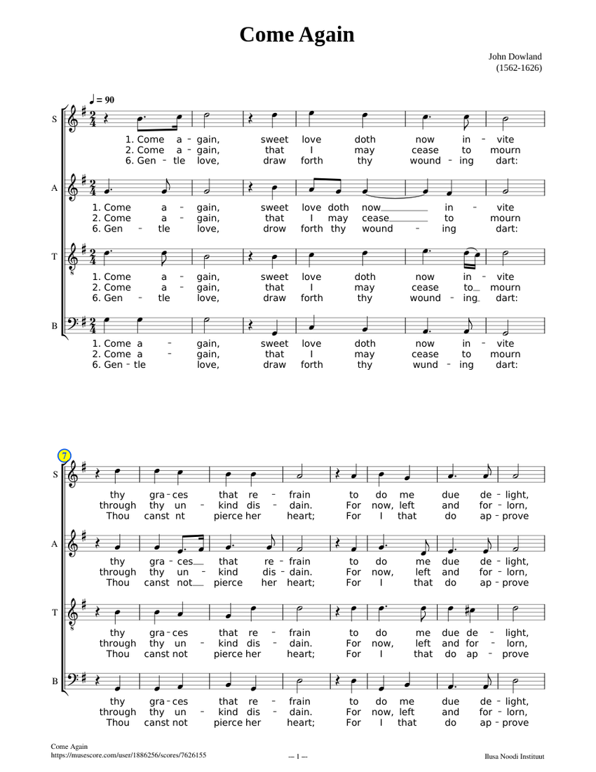Come Again – John Dowland Sheet music for Soprano, Alto, Tenor, Bass ...